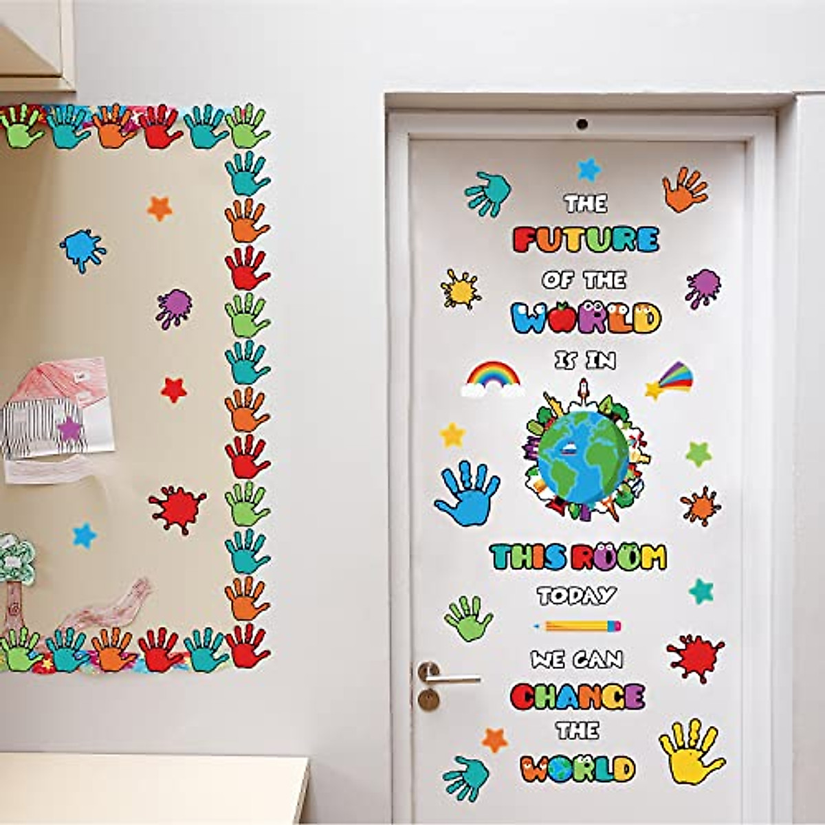 82 Pcs Motivational Classroom Bulletin Board Set Classroom Decoration Elementary Classroom Decor for Pre School Elementary and Middle School Teacher Educational Wall Decor Kids Hands Star Cutouts