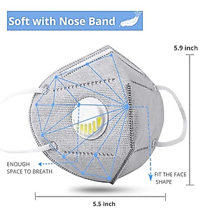 Face Mask with Breathing-Valve 5 Pack | Breathable Grey Face Mask for Women and Men Anti-irritant | Sports Face Masks Lightweight & Comfortable on Skin