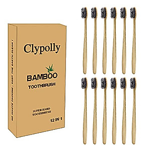 Clypolly Firm Toothbrush Extra Hard Birstles Bamboo Toothbrush for Adult 12 Pieces