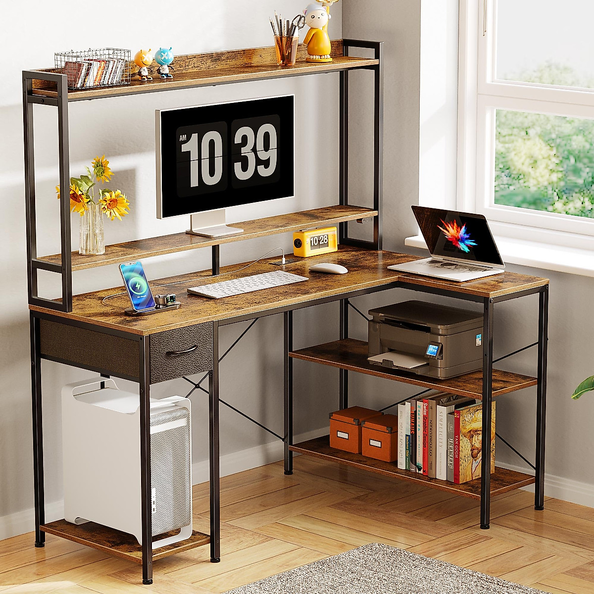 Seventable Gaming Desk with LED Light & Power Outlets, 47 inch Computer Desk with Shelves, Reversible L Shaped Desk with Monitor Stand, Corner Desk for Small Space, Rustic Brown