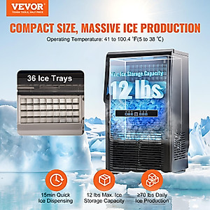 VEVOR Commercial Ice Maker, 70lbs/24H, Ice Maker Machine, 36 Ice Cubes in 12-15 Minutes, Freestanding Cabinet Ice Maker with 12lbs Storage Capacity LED Digital Display, for Bar Home Office Restaurant