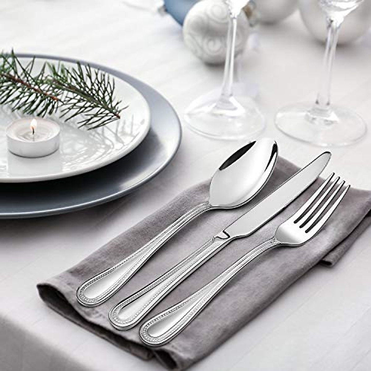 60-Piece Silverware Set, HaWare Stainless Steel Flatware Service for 12, Pearled Edge Tableware Cutlery Include Knife/Fork/Spoon, Beading Eating Utensil for Home, Mirror Polished, Dishwasher Safe