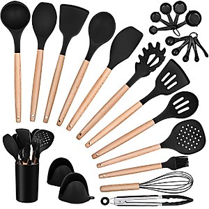 Homikit 25-Piece Kitchen Cooking Utensils Set with Holder, Silicone Spatula Spoon Ladle Turner Skimmer for Nonstick Cookware, Kitchen Tools Gadgets with Wooden Handle, Black