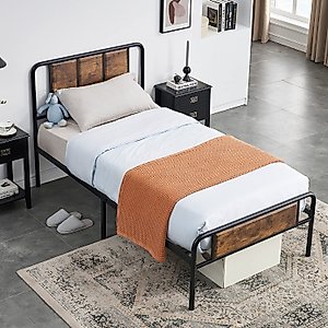 VECELO Twin Size Bed Frames Metal Platform with Wood Headboard, Heavy Duty Steel Slats Support/Easy Assemble,Dark Brown