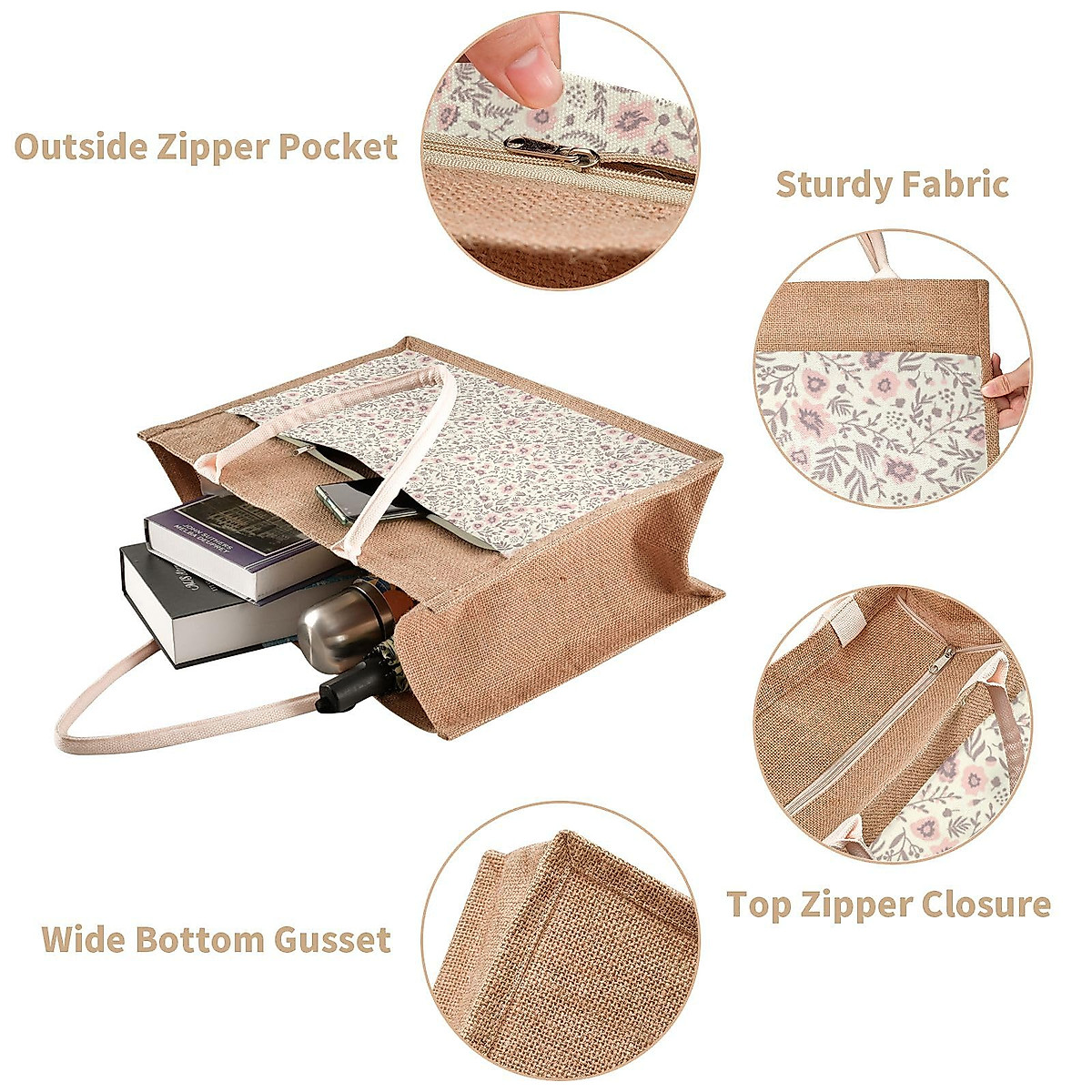 JUNZAN Floral Pink Gray Purple Bridesmaid Tote Bags Resuable Mini Tote Bag Pack Burlap Canva Beach Tote for Beach Party Farmers 16.9 x 12.6 Inch