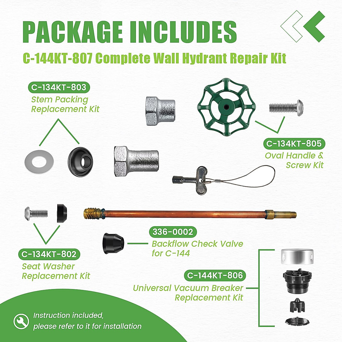 Replace for Prier C-144KT-807 Anti-Siphon Freezeless Faucet Repair Kit C-144KT-807 C-144 Series Complete Repair Kit fit for C-144/244 Series Wall Hydrant
