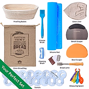 HOMEADOW Banneton Bread Proofing Basket For Rising Dough- 8 Pcs Kit: 10 inch Oval Brotform, Linen Liner, Bread Lame, Bench Scraper, Dough Scraper, Stencils, Silicone Baking Mat, Bread Bag | Sourdough