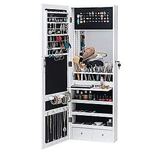 NALLBEIRRAA Jewelry Armoire Cabinet Full Length Hanging Mirror, Makeup Storage Organizer, Wall Mounted, w/Interior Mirror, LED Lights, Lock, Brush Holders, 4 Shelves (White3) …