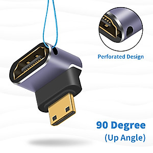 Duttek 8K 90 Degree Mini HDMI to HDMI Adapter, UHD HDMI to Mini HDMI Adapter, Up Angled Mini HDMI Male to HDMI Female Adapter Support 8K@60Hz, 4K@144Hz, 2K@240Hz for Camera, Camcorder 2 Pack