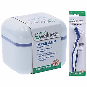 Family Wellness Denture Case, Denture Cup with Strainer Safety Basket, And Denture Brush, For Dentures, Restrainers, Or Mouthguards