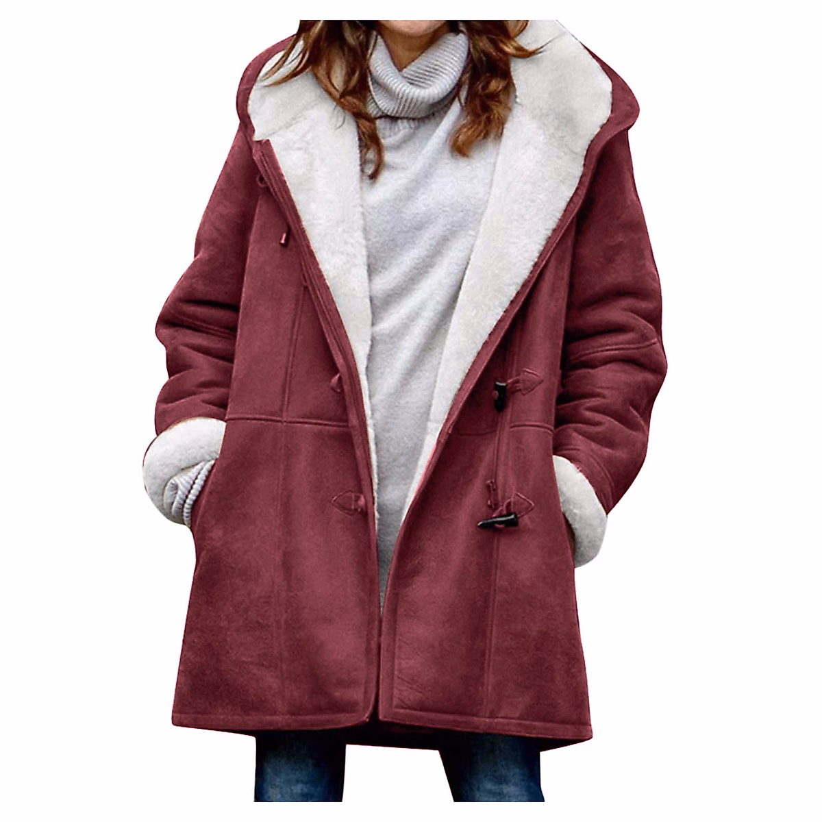 JMMSlmax Winter Warm Fuzzy Fleece Lined Coats Jackets for Women Plus Size Hooded Casual Loose Faux Suede Long Coat Outerwear