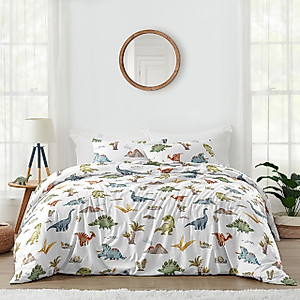 Sweet Jojo Designs Watercolor Dinosaur Dino Boy Queen Comforter Set Full Size Bedding Kids Teen Adult Bed Room 3p Green Slate Blue White Modern Dinosaurs Jurassic Nature Animal Steel Turquoise Yellow
