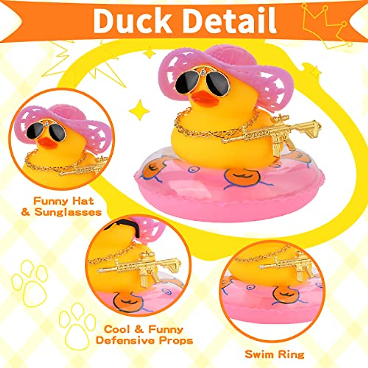 Zelobely Ducks for Cars - Rubber Duck Dashboard of Car, Car Duck Decoration Dashboard Yellow Rubber Duck Car Ornament with Mini Hat Necklace Sunglasses for Party Favors, Birthdays