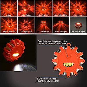 Tobfit 6 Pack LED Road Flares Emergency Lights Roadside Safety Beacon Disc Flashing Warning Flare Kit with Magnetic Base & Hook for Car Truck Boats | 9 Flash Modes (Batteries Not Included) (6)