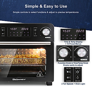 Elite Gourmet EAF9310 Digital Programmable Fryer Oven, Oil-Less Convection Oven Extra Large 24.5 Quart Capacity, fits 12" pizza, Grill, Bake, Roast, Air Fry, 1700-Watts, Black