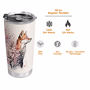 20oz Spring Cherry Blossom Fox Tumbler, Gifts for Fox Lovers, Coffee Thermos for Women, Stainless Steel Double Wall Vacuum Insulated Coffee Mug, Travel Cup with Lid