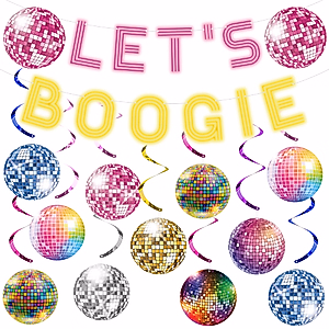 26 PCS Disco Party Decorations Disco Party Ball Hanging Swirls Lets Boogie Banner and Hanging Swirls for 70S 80S Disco Themed Birthday New Year's Party Supplies
