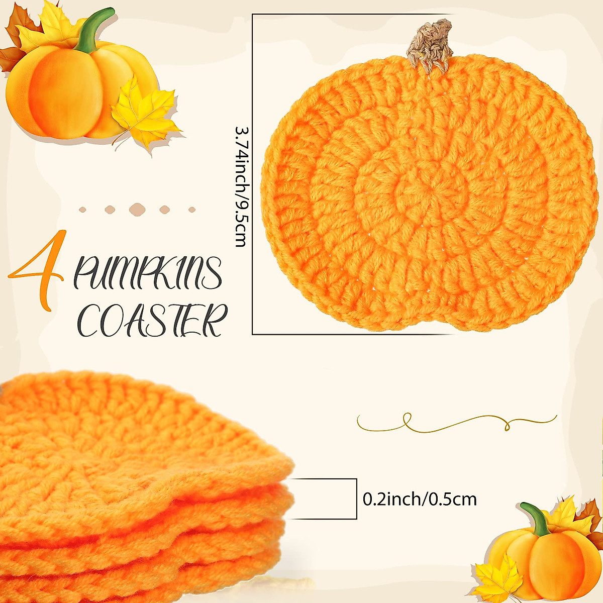 Crochet Pumpkins Coaster Handmade Knitted Drink Coaster Set Autumn Drink Cup Pad Mats Absorbent Bottle Mug Place Mats for Table Protection Fall Halloween Thanksgiving Themed Party Decoration (4 Pcs)