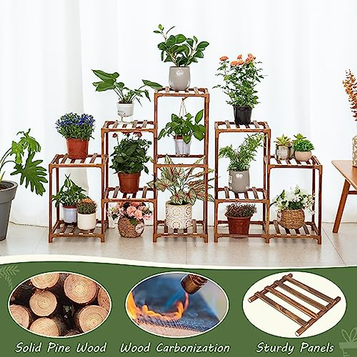 Uneedem Wood Plant Stand Indoor Outdoor Corner Plant Shelf Stand, 5 Tiered 10 Potted Flower Plant Stands for Indoor Plants Multiple, Plant Shelves Stands Rack for Living Room, Patio, Balcony