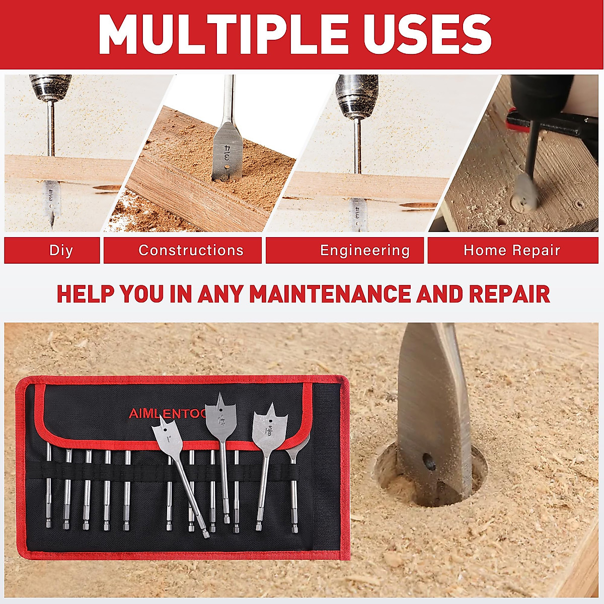 AIMLENTOOL 13 Piece Spade Drill Bit Set, Paddle Flat Bit for Woodworking, Hole Cutter Wood Drill Bit Set with Quick Change Shank, 1/4" to 1-1/2", Nylon Storage Pouch Included