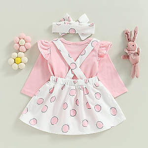 Newborn Baby Girl Pink Bunny Outfit Long Sleeve Romper Rabbit Suspender Skirt Overall Dress Headband My 1st Easter Outfit (Pink, 3-6 Months)
