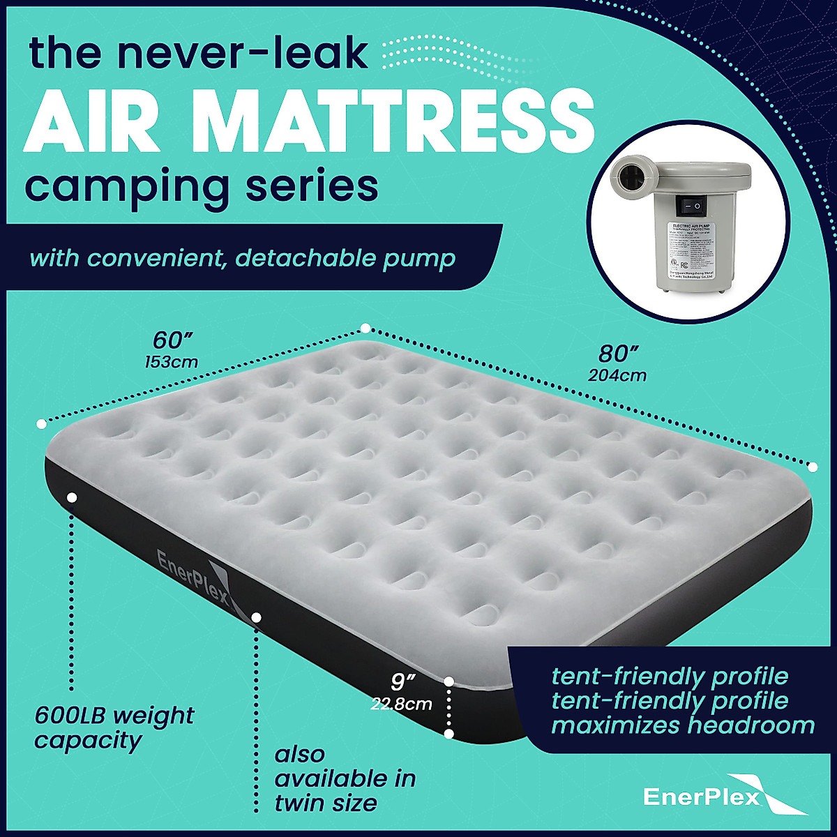 EnerPlex Camping Air Mattress with Built in Pump - Queen Blow Up Mattress for Travel & Guests - Portable Bed for Adults and Kids - Grey