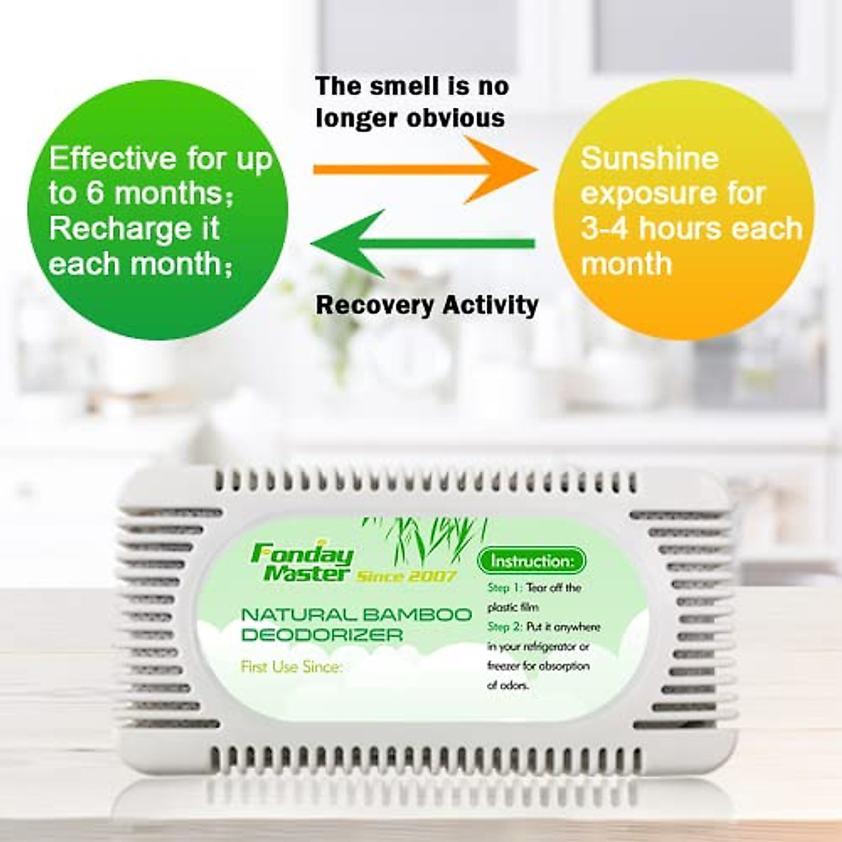 2Packs Refrigerator Deodorizer(60g Each Pack)， Fonday Odor Eliminator for Fridges Freezers Coolers & Lunch Boxes, Bamboo Charcoal Fridge Deodorizer, More Effective Than Baking Soda