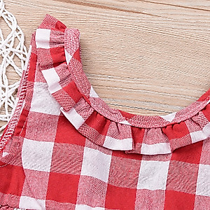 IWOKA Baby Girls Plaid Ruffle Bowknot Tank Top+Denim Shorts Outfit with Headband (70(0-6M), Red)