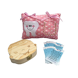 APOWUS Girls Tooth Fairy Kit with Pink Pillow, Wood Box Organizer, 20 Letters