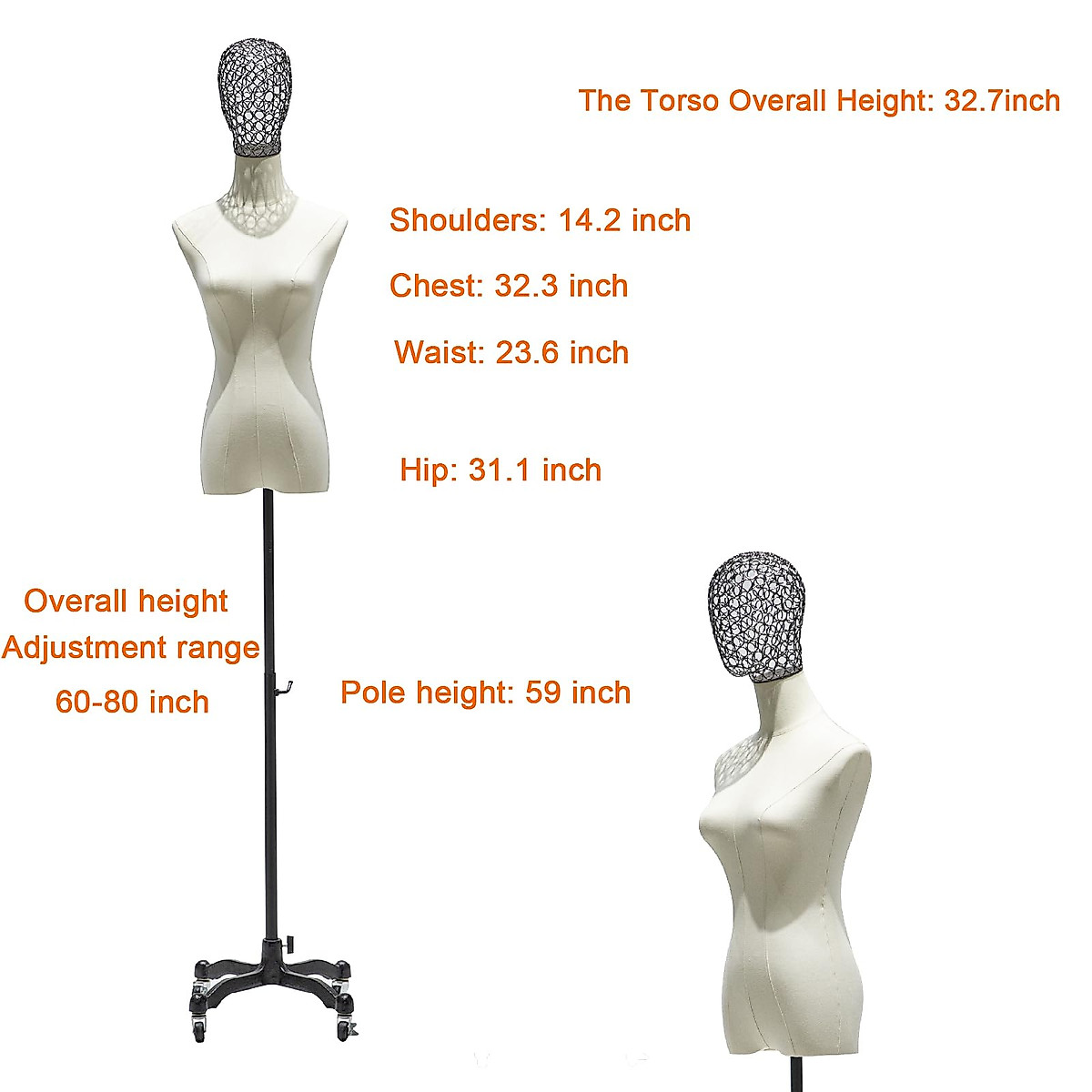 Female Dress Form Mannequin Torso Body, Adjustable Height Dress Form, Display Mannequin Body, Hollow Wire Head, with Movable Universal Wheel, for Clothing Dress Jewelry Display