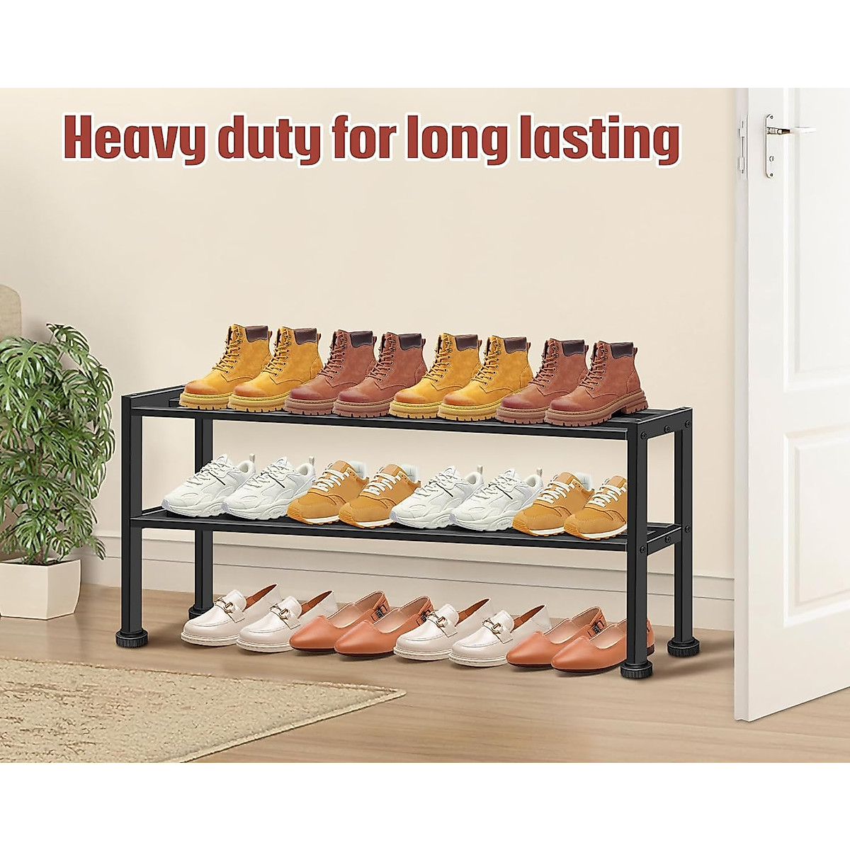 KEETDY Heavy Duty Shoe Rack for Closet Entryway, Stackable Shoe Organizer for Small Space Metal Shoe Rack Shelf Storage for Bedroom, Floor, Outdoor (Black)