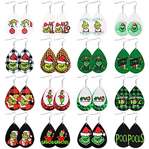 16 Pairs Christmas Earrings for Women Teardrop Dangle Faux Leather Earrings Christmas Decorations Bulk Xmas New Year Party Earrings Set Winter Holiday Jewelry Gift