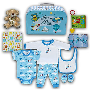 Welcome to The World Baby Boy Suitcase, Baby Layette Set and New Baby Essentials in A Keepsake Suitcase Box, Blue, Medium Baby Boy Gift Set - Nikki’s Gift Baskets