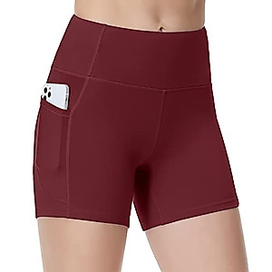 Dragon Fit High Waist Yoga Shorts for Women with 2 Side Pockets Tummy Control Running Home Workout Shorts (Large, Wine Red)