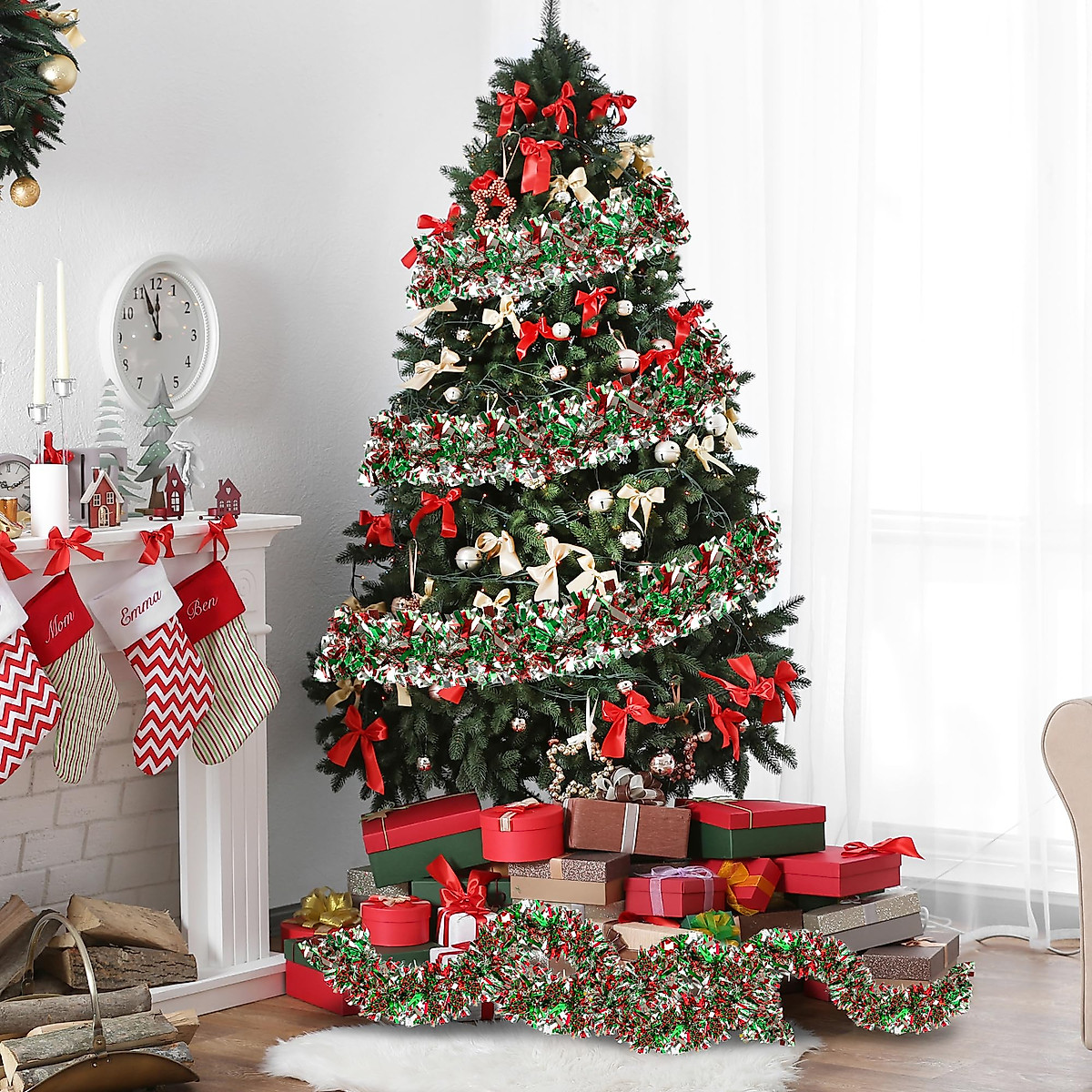 Sggvecsy 49.2Ft Christmas Green Red Silver Tinsel Garland Xmas Tree Decorations Christmas Metallic Twist Garland Ceiling Hanging Decorations for New Year Party Birthday Holiday Indoor Outdoor Supplies