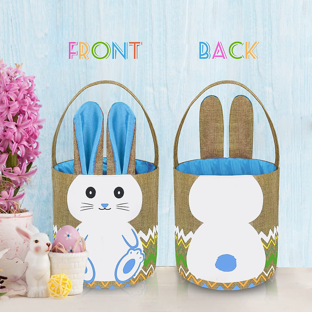 Yoochee 2 Pack Easter Baskets, Easter Basket Gifts for Kids, Personalized Bunny Easters with Cute Rabbit Ears, Egg Hunt Easter Buckets Bags for Boys and Girls, Empty Imitation Linen Basket Party Gift