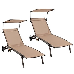 Tangkula Patio Chaise Lounge Chair Set of 2, Outdoor Recliner with Wheels, Adjustable Canopy & Cupholder, 6-Level Backrest, Heavy-Duty Metal Reclining Lounger for Poolside, Backyard (2, Brown)