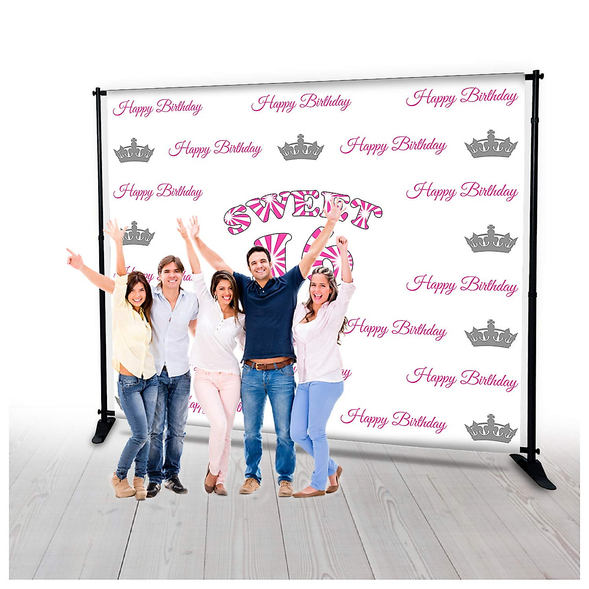 BannerBuzz Happy Birthday Sweet 16 Step and Repeat Banner, Print only, 11 oz. PVC Flex , 720 DPI Eco-Solvent Printing, for Events and Parties, Photography Background (8'W x 10'H)