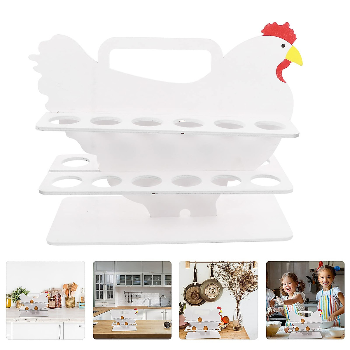 DOITOOL Fridge Egg Holder Wooden Egg Holder Chicken Shape Egg Dispenser Rack Egg Display Stand Egg Holder Carrier with Handle for Home Kitchen Accessory Tray
