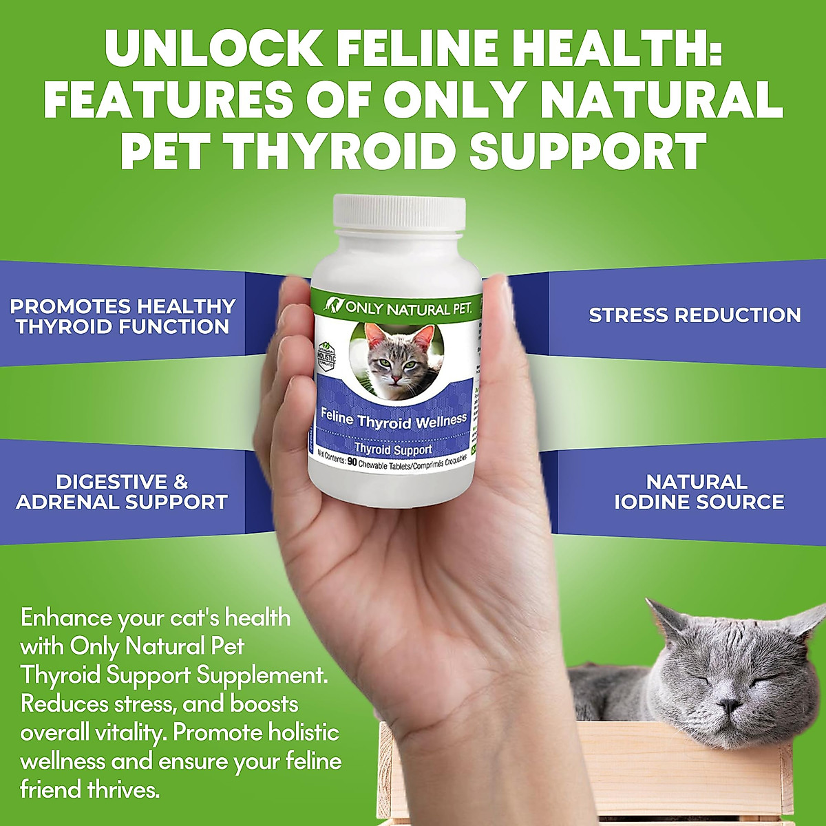 ONLY NATURAL PET Thyroid Support Supplement for Cats - Multivitamin with L-Carnitine & Lemon Balm - Vet Formulated - Helps with Endocrine & Immune Health - Turkey Flavored Chewable - 90 Tablets