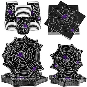 durony 100 Pieces Halloween Spider Web Party Supplies Tableware Set Including Halloween Spiderweb Dinner Paper Plates Cups Napkins Serves for 25, Halloween Party Decorations