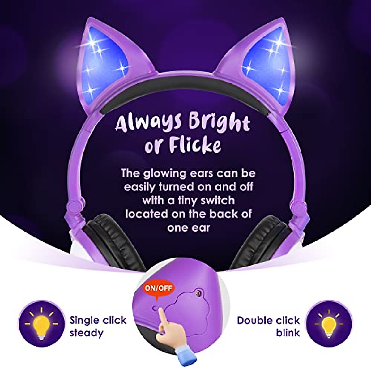 ONTA Kids Headphones with Cute LED Glowing Cat Ears,Foldable, Noise-Canceling and Adjustable Toddlers Headphones for Boys and Girls (Purple)