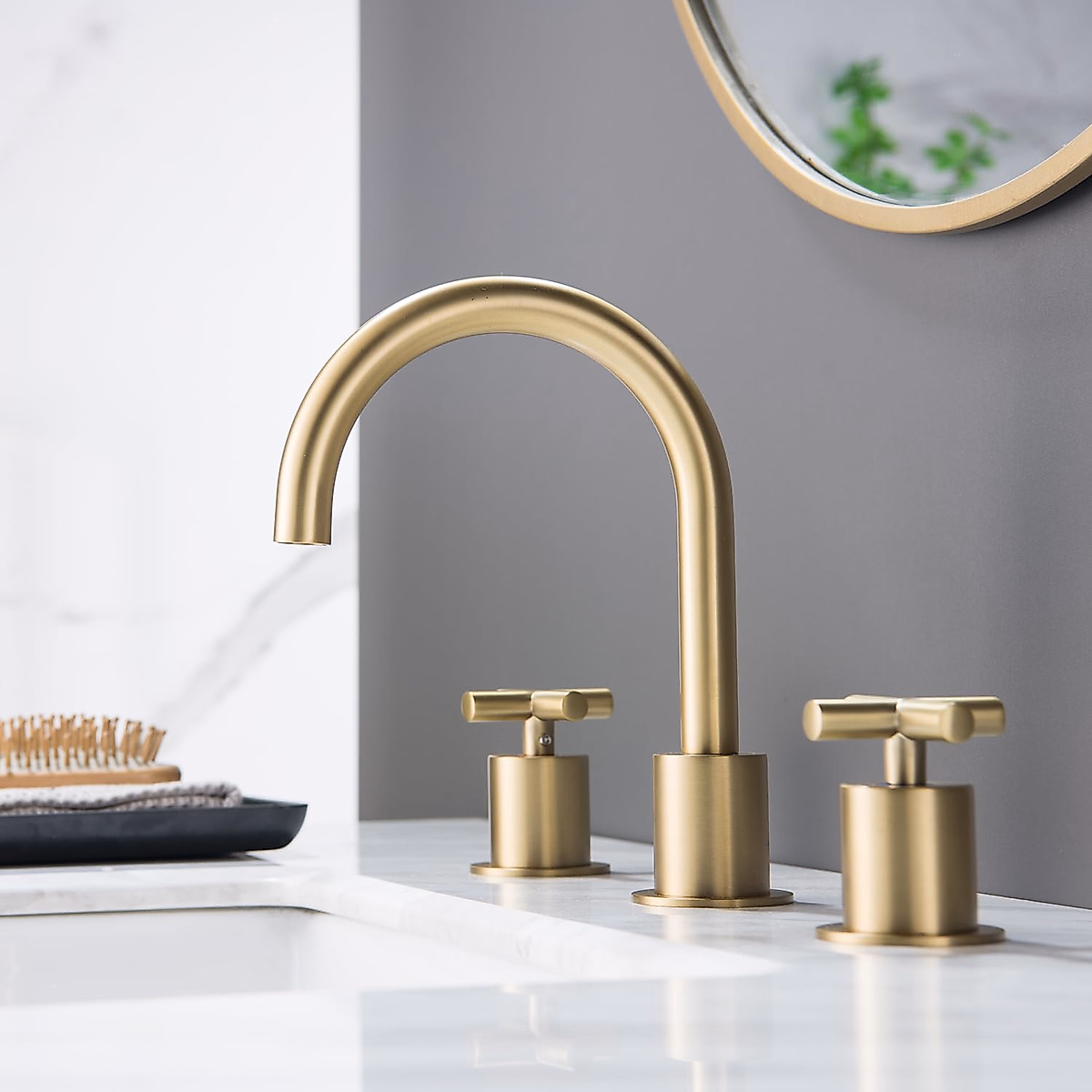 MR. FAUCET 2 Cross-Handle Gold Bathroom Sink Faucets with Waste Drain for 3 Hole 4-16 inch Deck Sink, Solid Brass Brushed Gold