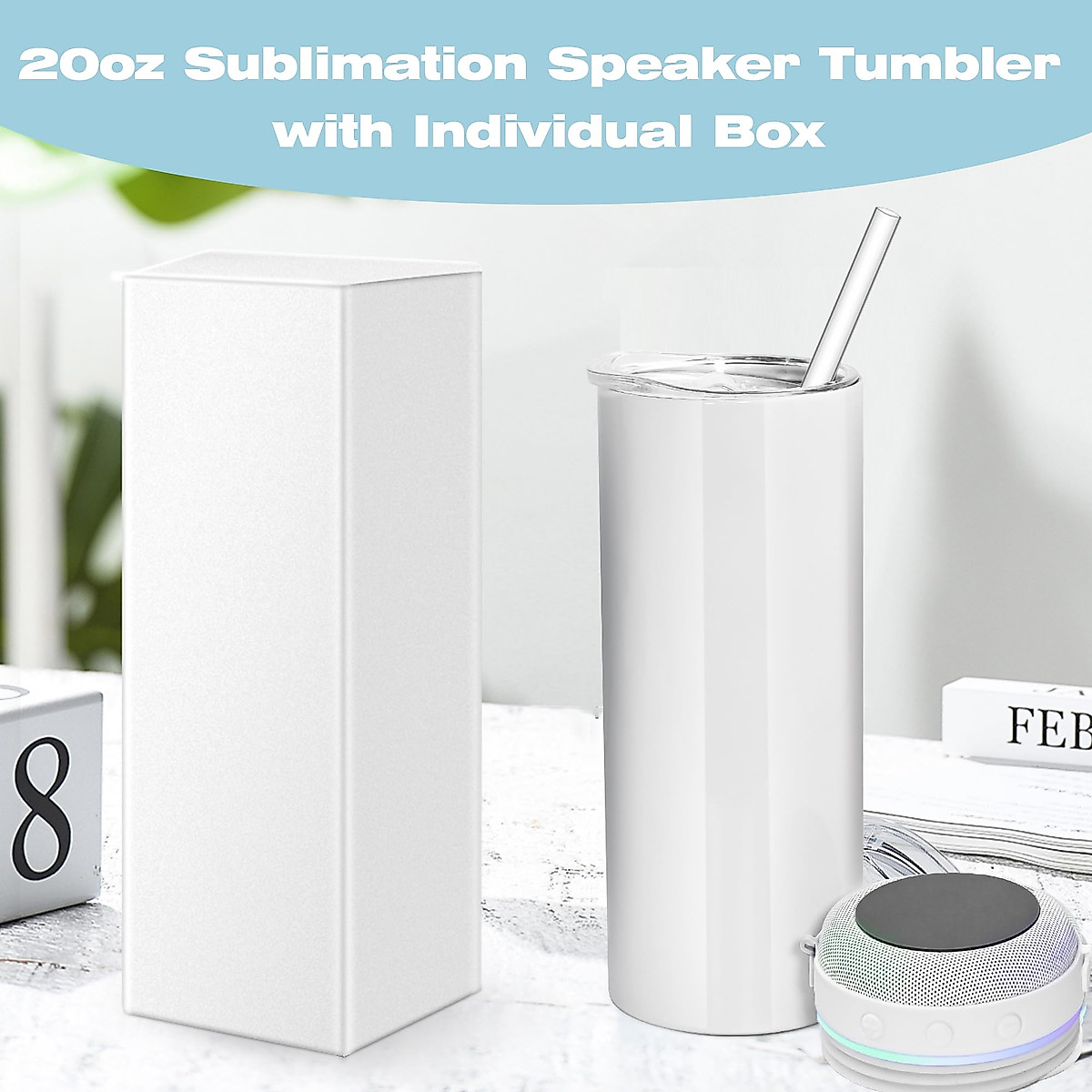 Icesip 12 Pack Music Speaker Tumbler, 20 oz Sublimation Tumbler Skinny Straight Double Wall Music Speaker Cup with Straw Lid & USB Charging Cable - White