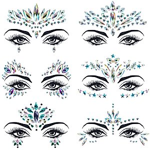 6 Sets Mermaid Face Jewels Rhinestone Face Gems Stick on Halloween Cosplay Party Carnival Festival Crystals Temporary Tattoos