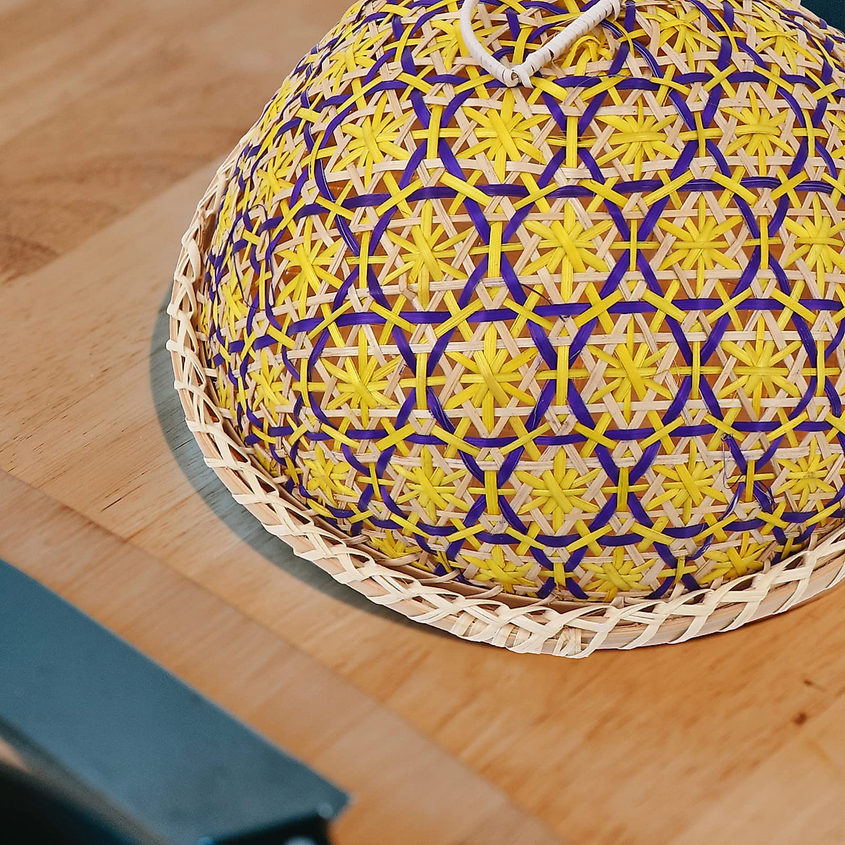 generic Hand- Woven Round Rattan Serving Tray with Food Dome Lid Cover for Picnic Party Bread Cake Pizza Dry Fruit Dessert Yellow Q1519432BAA 28x28cm