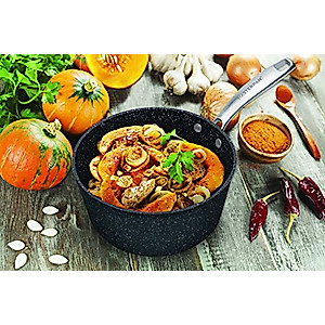 MasterPan Granite Ultra Non-Stick Cast Aluminum Sauce Pan with Glass Lid, 7", Black