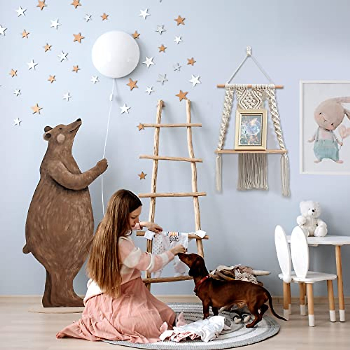 JERZO Macrame Hanging Wall Shelves, Boho Decor, Swing Rope Floating Shelf, Rustic Wood Storage Shelf for Bedroom Bathroom Living Room Nursery Dorm Room, Décor Plant Display