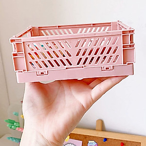 5-Pack Mini Pastel Crates,Plastic Folding Stacking Baskets,For Storage Organizing, Durable Reliable Storage Crate, For Kitchen,Classroom,Office,Bathroom Storage (Blue, Yellow, Pink, Green, Purple)