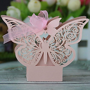 JANOU 24pcs Butterfly Candy Boxes Laser Cut DIY Paper Box with Ribbons for Wedding Bridal Birthday Baby Shower Party Suppliers (Pink)